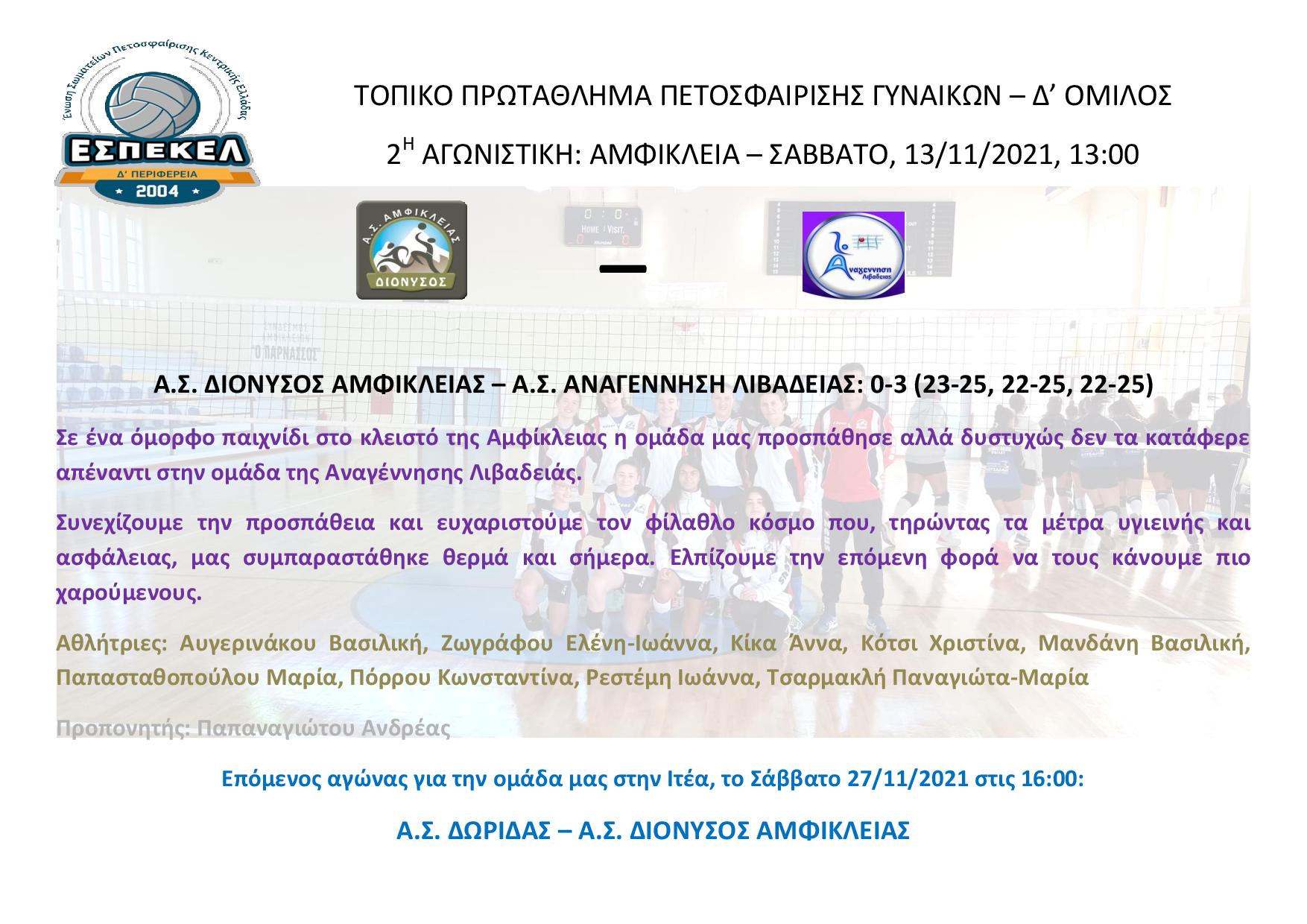 ΑΠΟΤΕΛΕΣΜΑ ΑΓΩΝΑ ΒΟΛΕΪ / Α.Σ. ΔΙΟΝΥΣΟΣ - ΑΜΦΙΚΛΕΙΑ